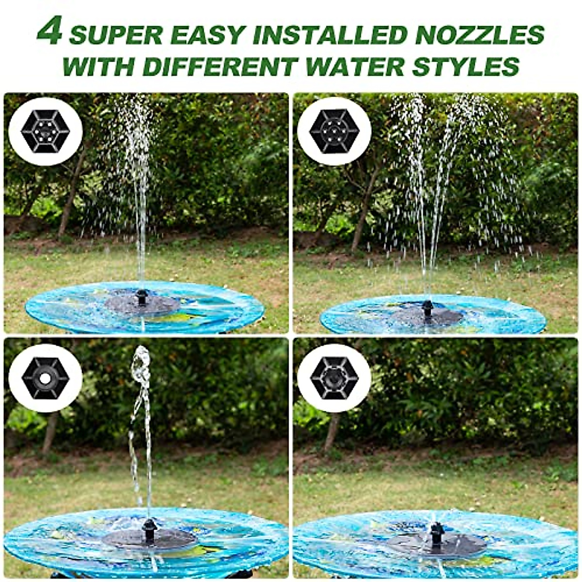 Mademax Solar Fountain, Upgraded Solar Bird Bath Fountain with 4 Easy Install Nozzle and Fixer, Solar Powered Fountain Pump for Bird Bath, Garden, Pond, Pool, Fish Tank, Outdoor