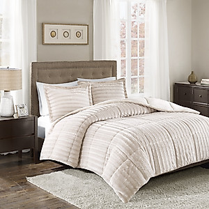 Madison Park Duke Luxe Faux Fur Reversible Comforter Set, Soft Plush Reverse, Modern Down Alternative Filling Cozy Bedding, Box Quilted Warm Cover, Matching Shams, Full/Queen, Champagne 3 Piece