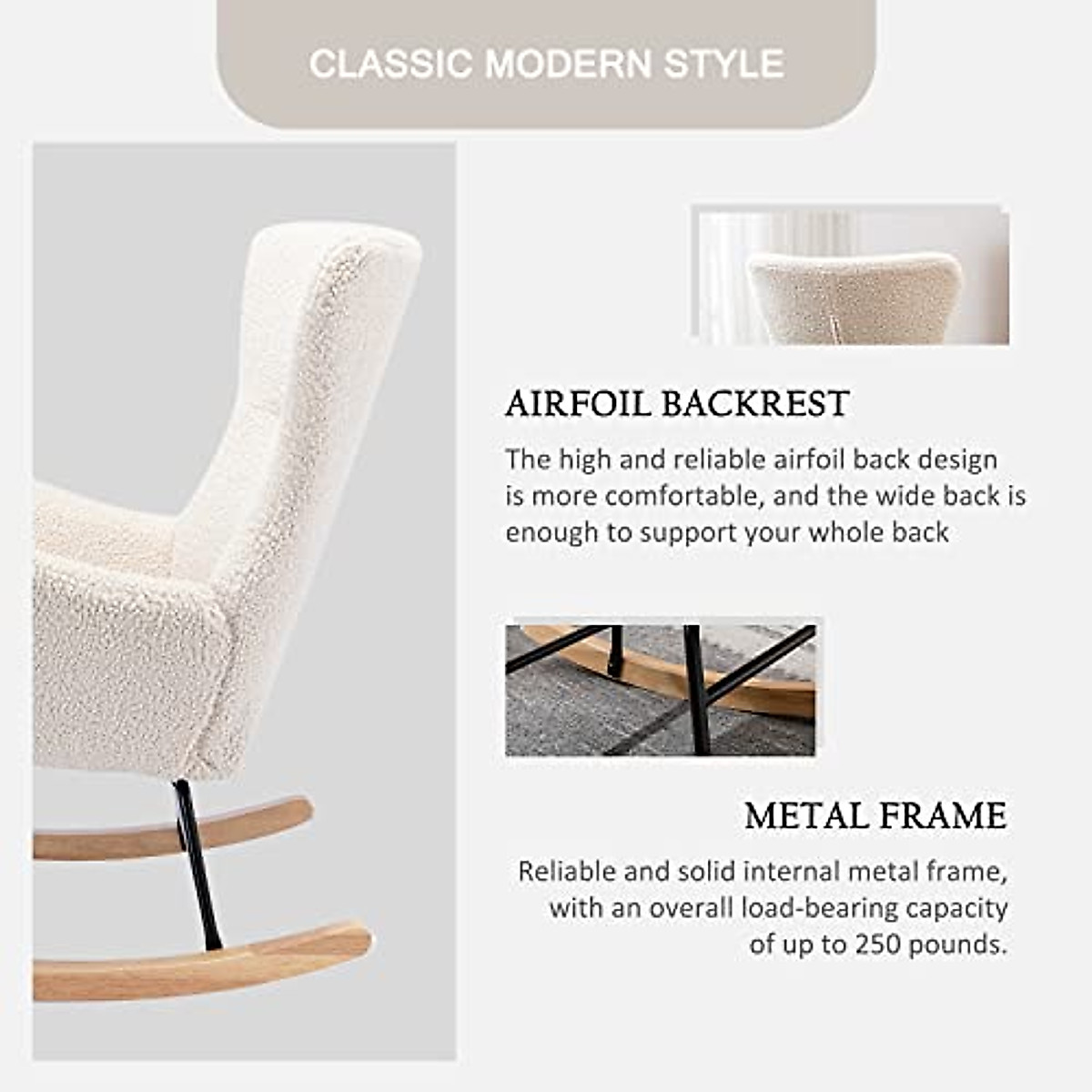 Qtivii Rocker Glider Chair for Nursery, Modern Rocking Chair with High Backrest and Armrests, Comfy Uplostered Accent Chair for Living Room, Bedroom (Beige)