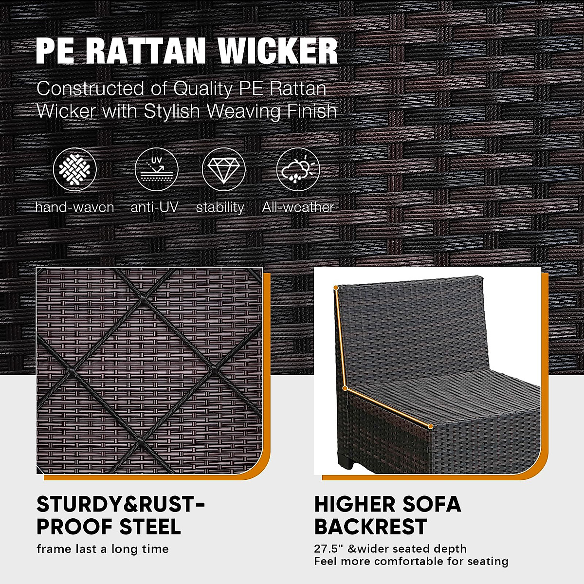 JOYURE 5 Pieces Patio Furniture Set All-Weather Outdoor Wicker Sectional Conversation Sofa Rattan Patio Seating Sofa with Cushion and Glass Table and Ottoman for Porch,Beige