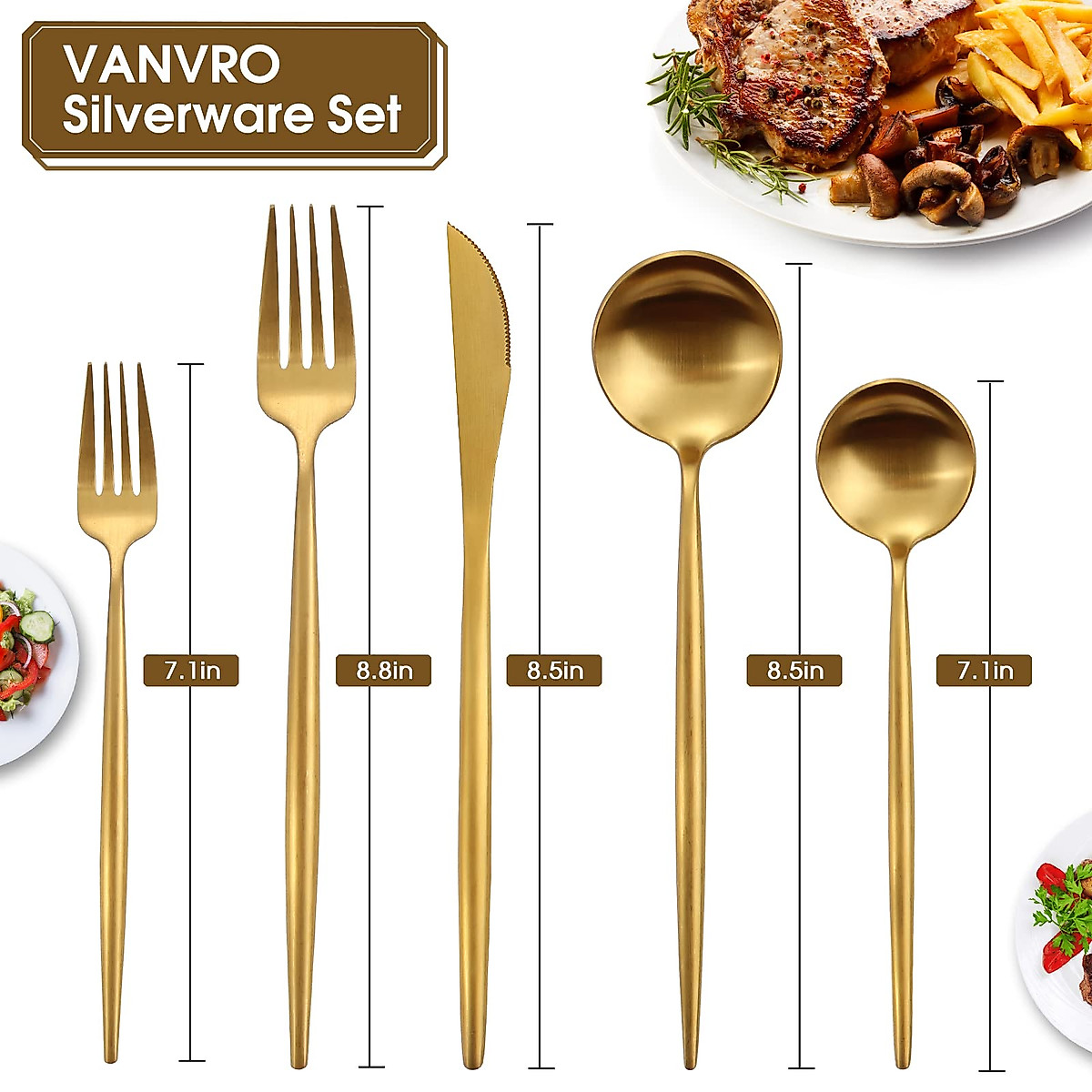 VANVRO Matte Gold Silverware Set, 40-Piece Stainless Steel Flatware Set, Tableware Cutlery Set Service for 8, Satin Finish Utensils Set, Knife Fork Spoon Set for Home and Restaurant, Dishwasher Safe