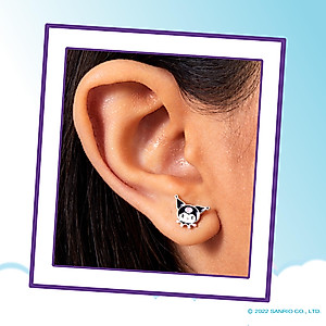 Sanrio Womens Pink Skull and Kuromi Earrings Set 2 Pairs - Silver Plate and Enamel Sanrio Stud Earrings Officially Licensed