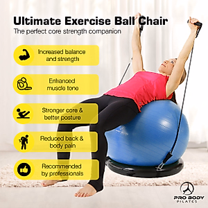 ProBody Pilates Yoga Ball Chair, Exercise Ball Chair with Base or Stand for Home Office Desk Sitting or Workout, 65cm Antiburst Balance Ball & Stability Ball Seat for Back, abs (Blue)