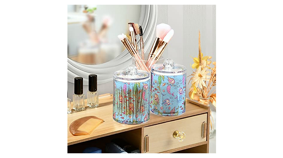 Xigua 2 Pack Mermaid Qtip Dispenser Jar - Bathroom & Vanity Organizer