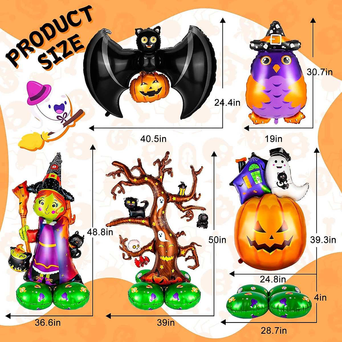 50IN 8Pcs Halloween Balloons, Large Giant Halloween Mylar Foil Pumpkin Witch Dead Tree Balloon for Halloween Party Decorations