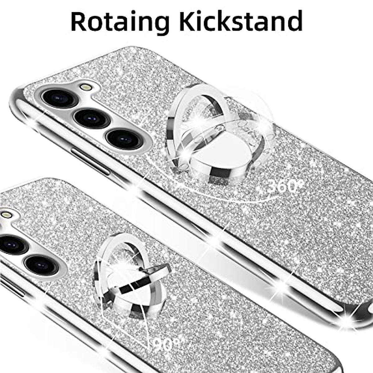 Phone Case for Galaxy S23 Plus (6.6-inch), for Samsung Galaxy S23 Plus 5G Case with Ring Kickstand Lanyard Bumper Shockproof Protection Case Cute Soft TPU Glitter Cover for Girls Women Men - Silver