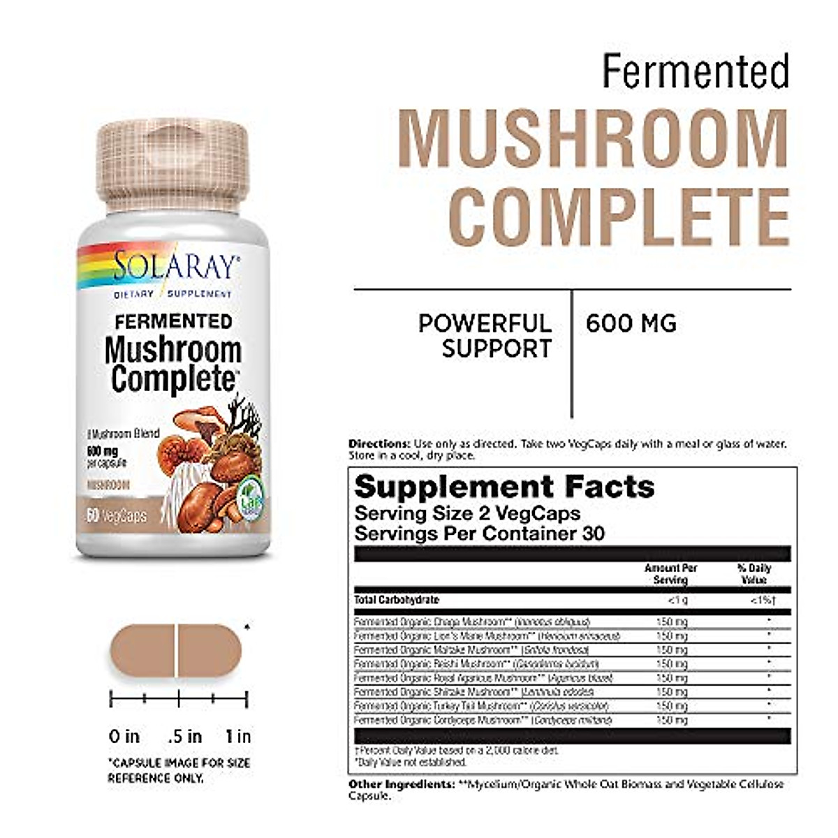 Solaray Fermented Mushroom Complete 1200 mg | Healthy Immune Function Support | 30 Serv | 60 VegCaps