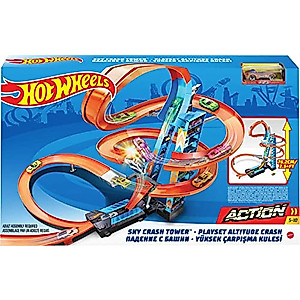 Hot Wheels Toy Car Track Set Sky Crash Tower, More Than 2.5-Ft Tall with Motorized Booster, 1:64 Scale Toy Car