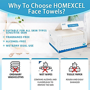 HOMEXCEL Face Towels, Disposable Makeup Remover Wipes, Super Soft Biodegradable Dry Facial Hand Clean Facial Towels Wash Cloth for Sensitive Skin, 50 Count