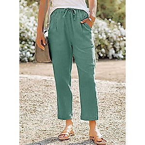Dokotoo 2023 Fashion Spring Summer Wide Leg Work Linen Pants for Women Ladies Solid High Drawstring Waist Jogging Jogger Beach Pants with Side Pockets Green XL