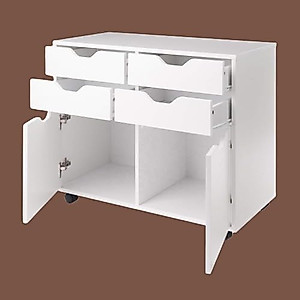 Ergode Contemporary Art & Crafts Storage Cart, White Finish, 4 Easy-Glide Drawers, 2 Lower Cabinets, 6 Wheels with 2 Locking, 15.98" D x 32.13" W x 26.3" H