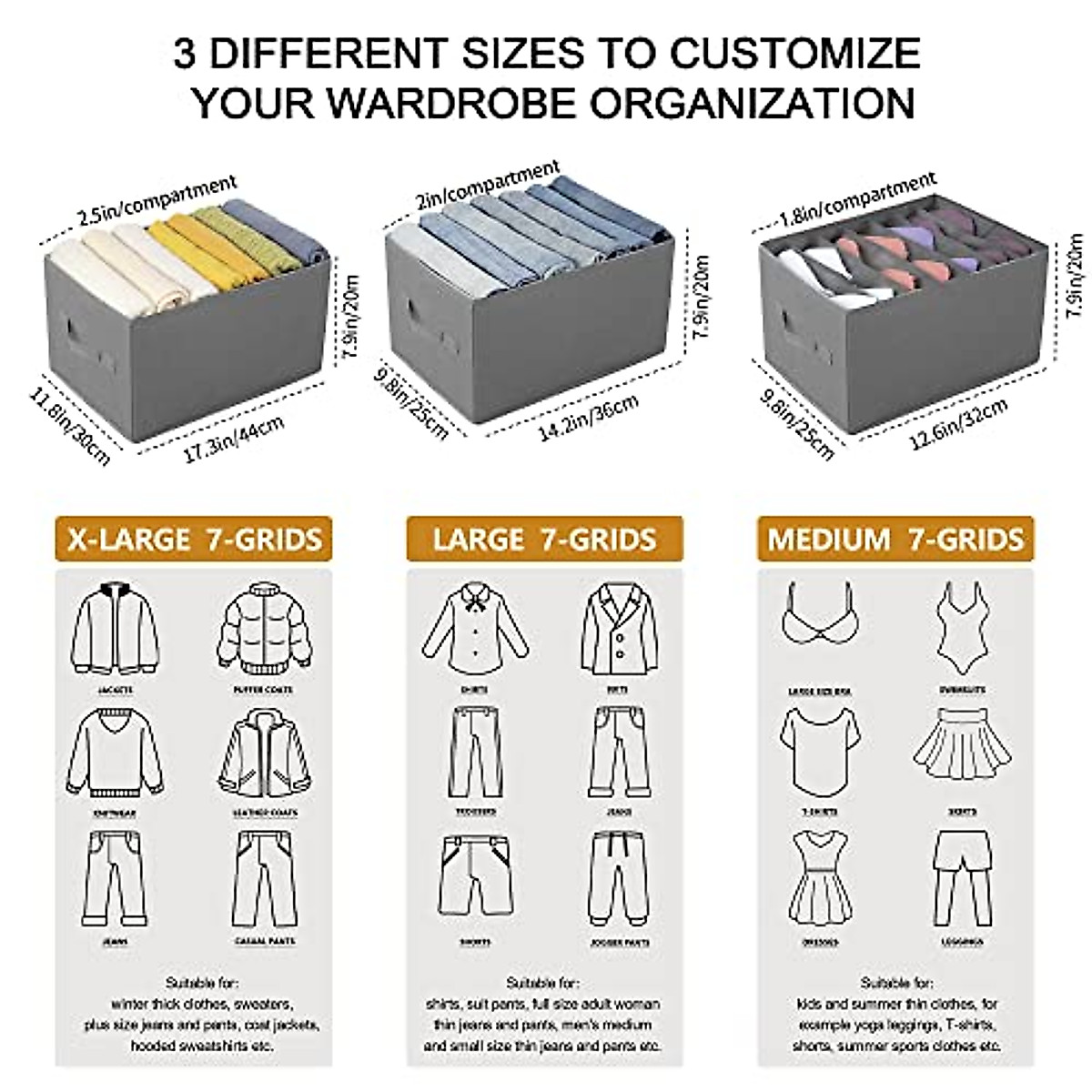 Wardrobe Clothes Organizer, 2 Pack Durable 7 Grids Clothes Organizer for Folded Clothes, Washable Closet Drawer Storage Organizer for Large Bra, Clothes, Pants, Jeans, T-Shirt, Medium, Drak Grey