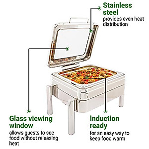 Restaurantware 6 Qt Chafing Dish 1 Induction Ready Serving Chafer - With Glass Window Round Silver Stainless Steel Buffet Chafer Chafer Frame Sold Separately For Parties And Events