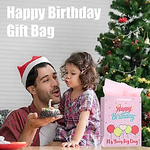 RNORRI Pink Gift Bag Large, Birthday Gift Bag For Girl, Happy Birthday Bag With Handles, Pink Birthday Bag For Girl, Party, Birthday, Baby Shower, Woman - 10x13x5 Inch