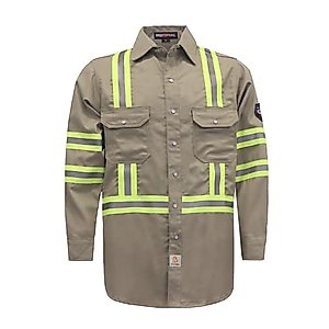 BOCOMAL FR Shirts Hi Vis/High Visibility Flame Resistant/Fire Retardant Shirt 7.5oz Khaki FR Shirts for Men