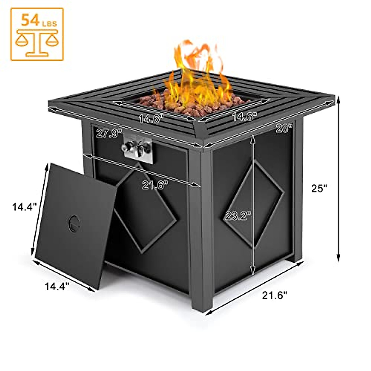 Gas Fire Pit Table, hOmeHua 28 inch Square Auto-Ignition Outdoor Propane Firepit with Cover and Lava Rock,Thick & Strong Striped Steel Tabletop,2 in 1 Fire Table for Patio/Backyard/Party/Deck (Black)