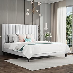 SHA CERLIN Queen Bed Frame/Velvet Upholstered Platform Bed Frame with Headboard/Strong Wood Slats Support/Mattress Foundation/No Box Spring Needed/Easy Assembly/White