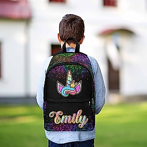 InterestPrint Custom Backpack with Name Rainbow Sparkle Personalized Name School Backpack for Boys Girls, Customized Student Bookbag for Travel, Work and School Birthday School Season Gift
