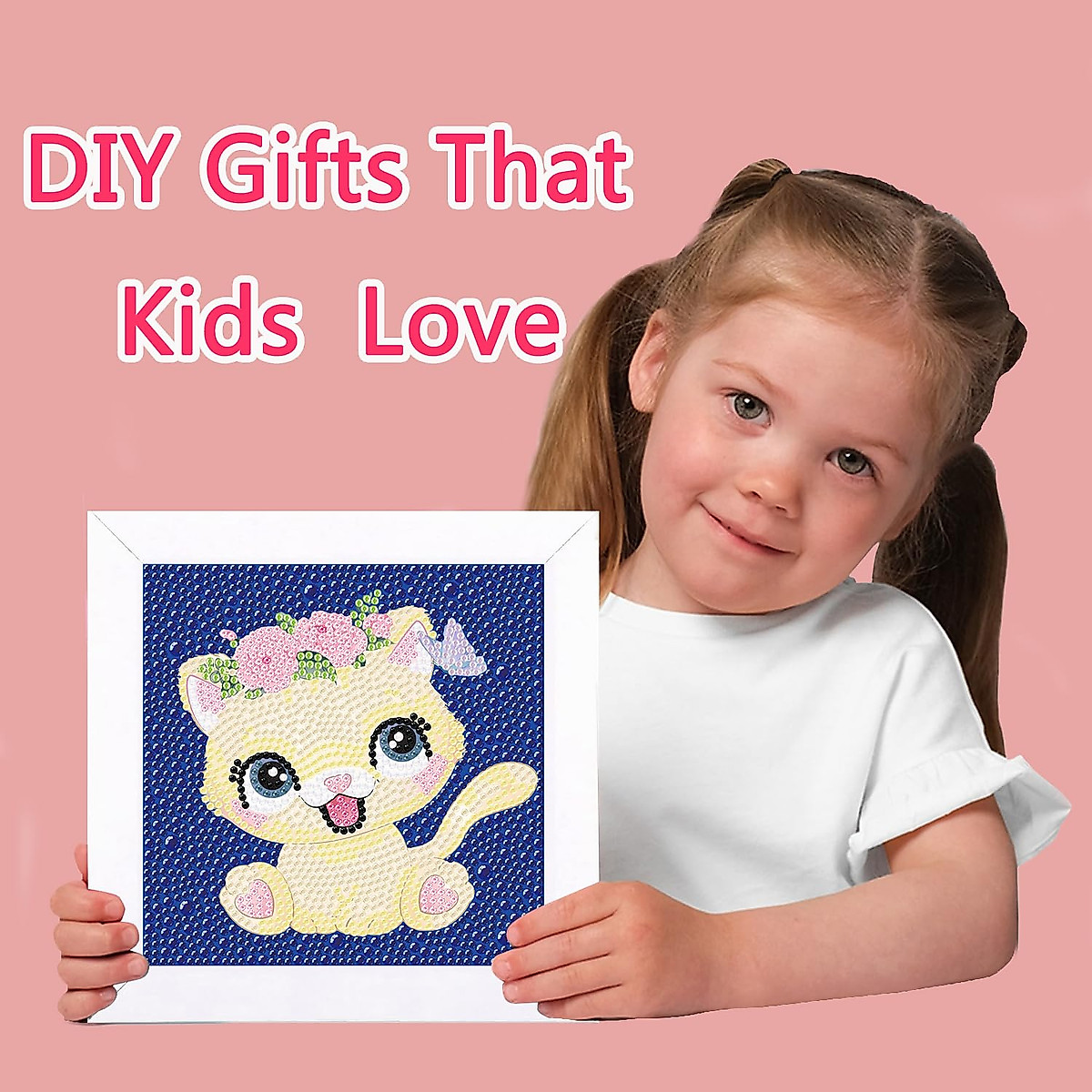 Miairivy Diamond Painting for Kids, 5D Animal Diamond Art Mini Small Kit(with Wooden Frame), DIY Cute Cat Big Gem Painting Set, Paint by Diamonds Crafts for Girls Boys Ages 4-12