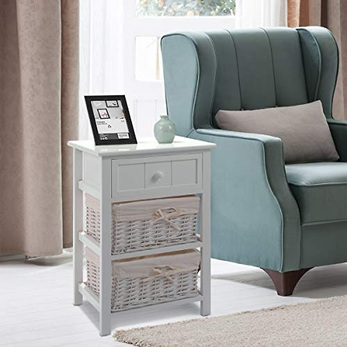 Giantex Nightstand with Drawers Wooden, W/ 2 Storage Baskets and Open Shelf for Bedroom, Bedside Sofa End Table (2, White)