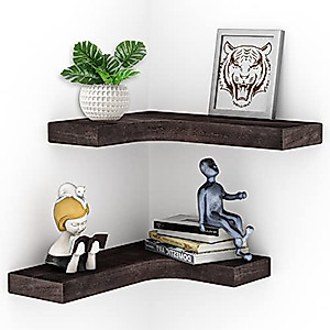 Cayln Corner Floating Shelves Wall Mounted, Invisible Mounting Brackets, Thick Rustic Wood Wall Shelves for Bedroom, Living Room, Bathroom, Kitchen, Set of 2, Brown