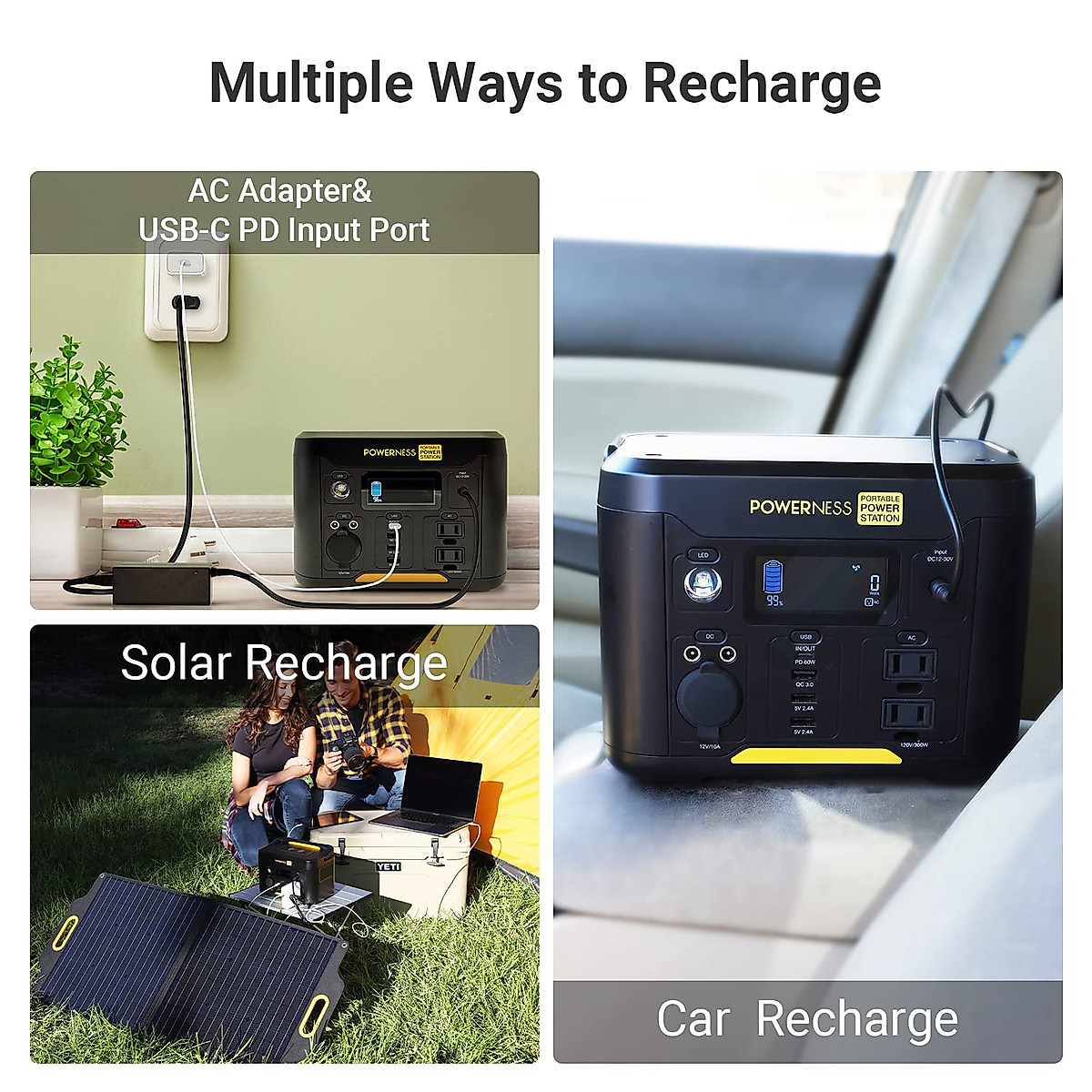 Powerness Portable Power Station Hiker U300 Solar Generator 296Wh Battery Powered Generator with 2x300W AC Outlets (Surge Power 600W) and PD 60W In/output for Outdoor Camping