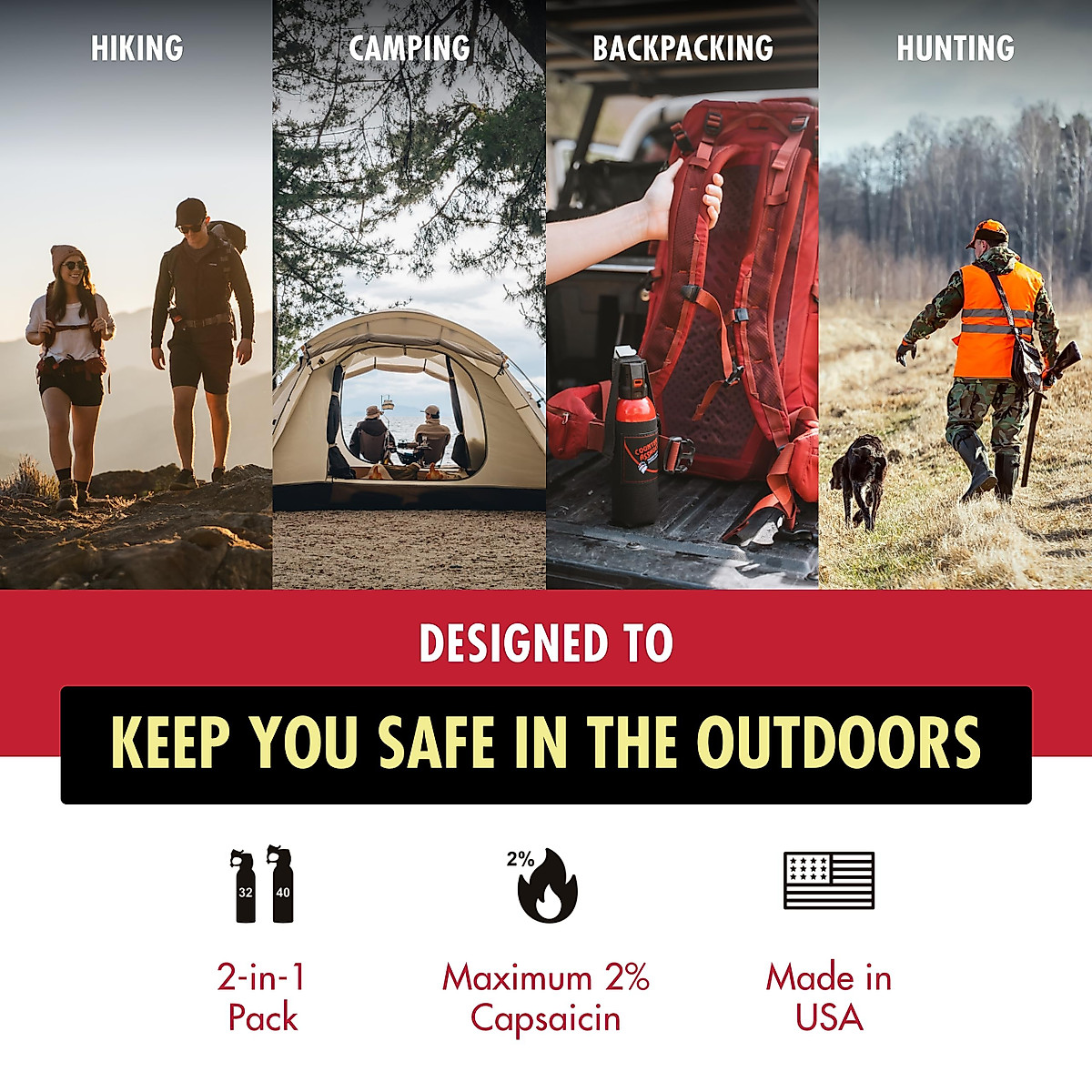 Counter Assault Bear Spray Combo - 2% Capsaicin Bear Deterrent with 2 Holsters - Pepper Spray for Hiking, Camping, Hunting & More - 8.1 oz & 10.2 oz