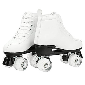 Gets Women's Roller Skates PU Leather High-top Roller Skates Four-Wheel Roller Skates Shiny Roller Skates for Girls Unisex (White Flash Wheel,US: 6)