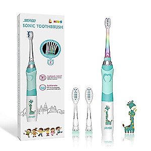 Kids Electric Toothbrushes,Sonic Battery Powered Tooth Brush with Smart Timer,Waterproof Deep Clean for Children and Toddlers Age 3+,Travel with 3 Soft Brush Heads,Cute Colorful LED Light (Green)