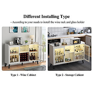Auromie Wine Bar Cabinet with Led Light, Home Coffee Cabinet with Wine and Glass Rack, Kitchen Buffet Sideboard with Storage Shelves, Freestanding Liquor Cabinet for Living Room, Dining Room (White)