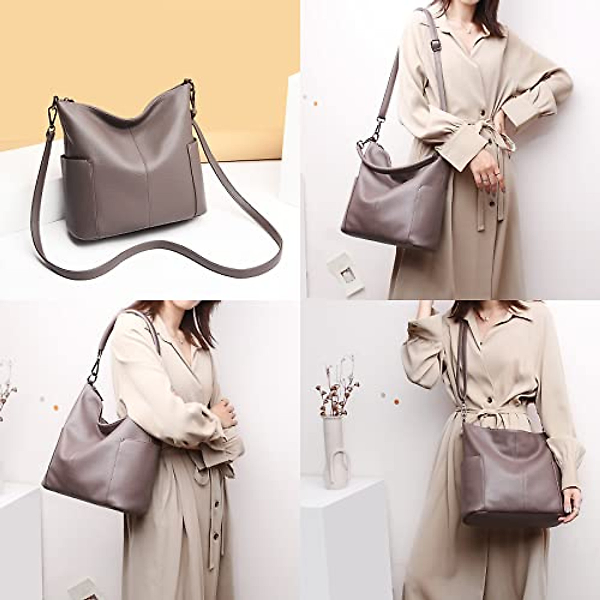 TarsaMult Hobo Bags for Women Soft Faux Leather Shoulder Crossbody Ladies Purses and Handbags Fashion Large Bucket Tote Bag(6073 Khaki)