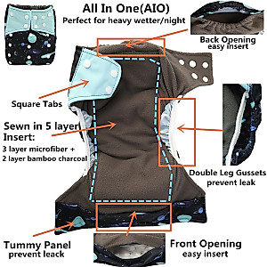 Sigzagor 3 AIll in One Cloth Diapers Nappies for Night AIO Sewn in Insert Reusable Washable (Arrow Pineapple Pack)