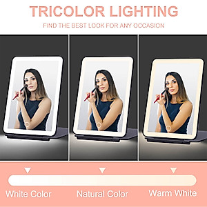 Foldable Double Sided Tabletop Mirror - Rechargeable Lighted Magnifying Mirror 10 X and 1X，3 Colors Light - Adjustable Foldable Handle for Makeup/Travel and Blackhead Removal.
