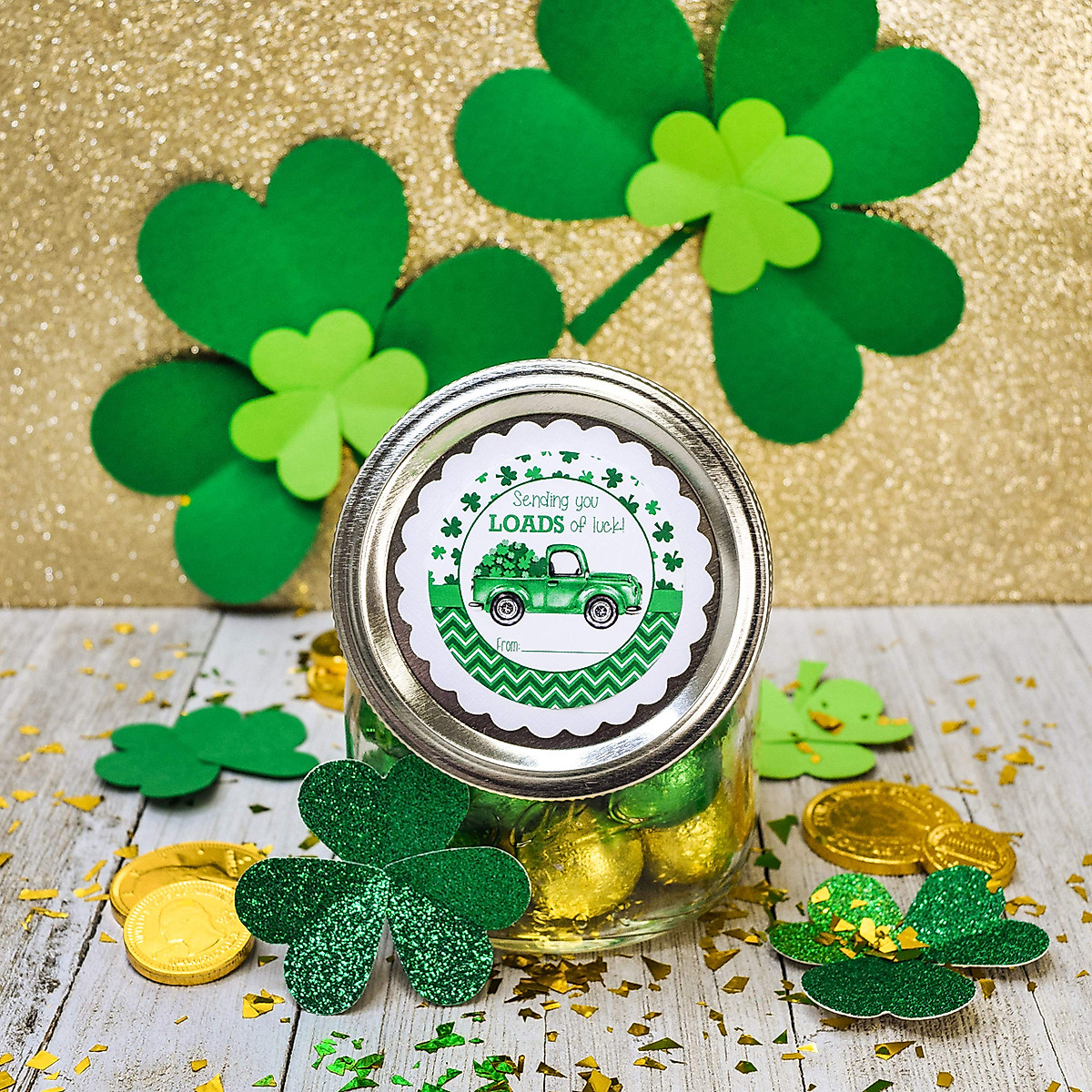 Loads of Luck Green Pickup Truck with Clover St. Patrick’s Day Gift Tag Sticker Labels for Kids, 40 2" Party Circle Stickers by AmandaCreation, Great for Party Favors, Envelope Seals & Goodie Bags