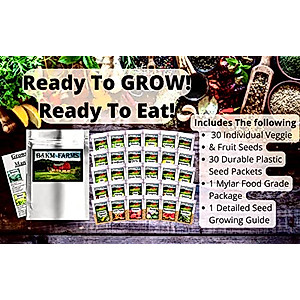 30 Vegetable & Fruit Seeds for Planting Your Outdoor & Indoor Home Seed Garden, Survival Gear Kit Includes 5900 Seeds, A Growing Guide & Mylar Package Gardening Heirloom Non-GMO Veggie Seed B&KM Farms