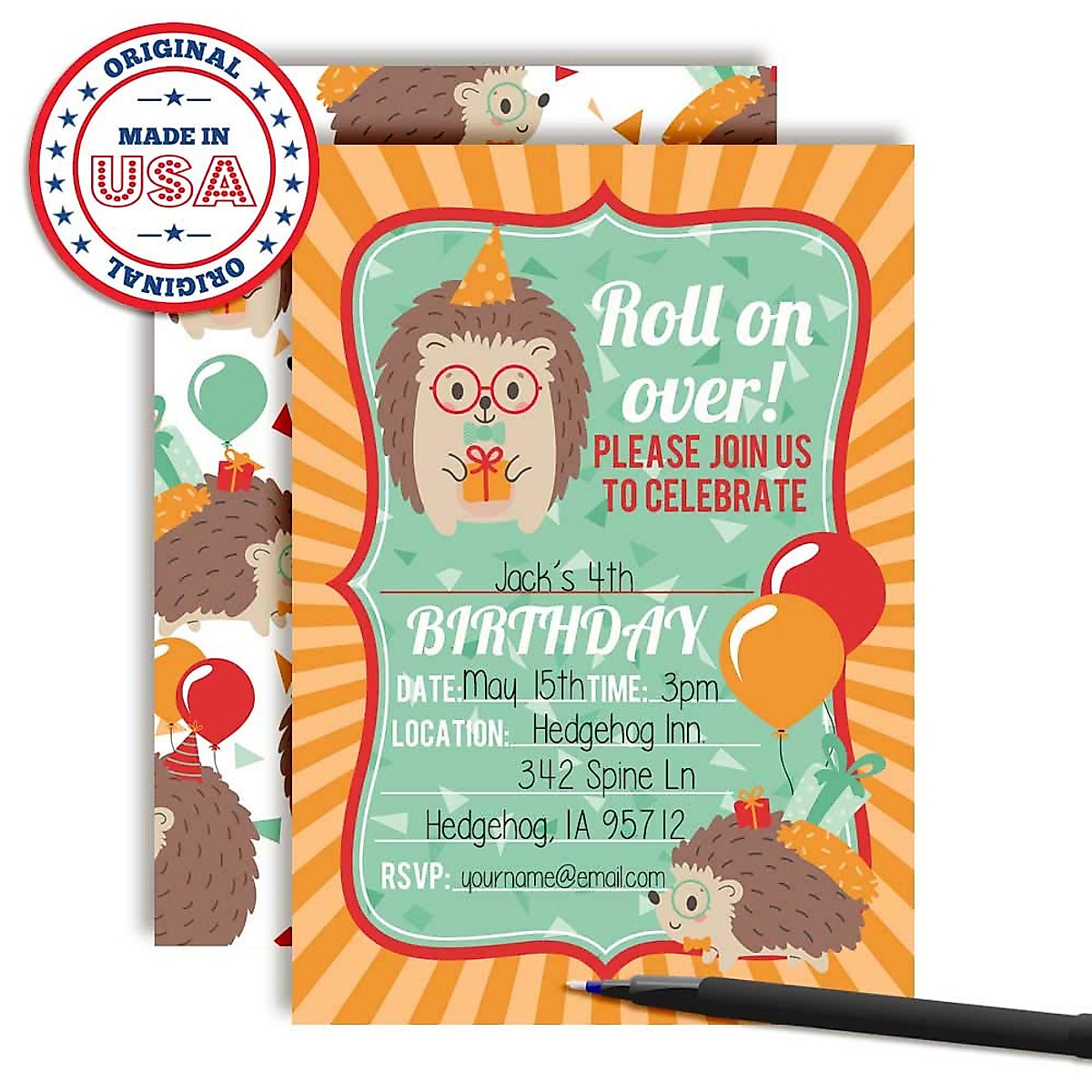 Roll On Over Cute Hedgehog Themed Birthday Party Invitations for Kids, 20 5x7 Fill In Cards with Twenty White Envelopes by AmandaCreation