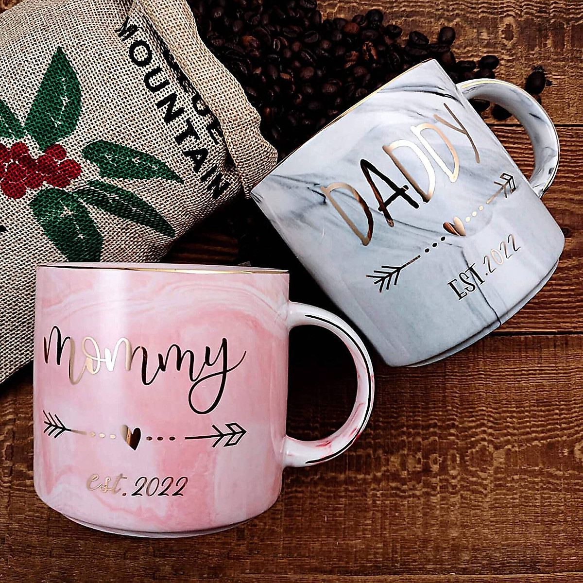 VILIGHT Gifts for New Mom and Dad First Time Parents est 2022- Mommy and Daddy Est 2022 Mugs Set - Marble Ceramic Cup 11.5 Oz