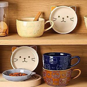 Jimiruigro Cute Ceramic Coffee Mug with Lid Cartoon Cat Face Pattern 7.4 Oz Small Tea or Milk Cup Novelty Gifts for Girl and Women, Brown