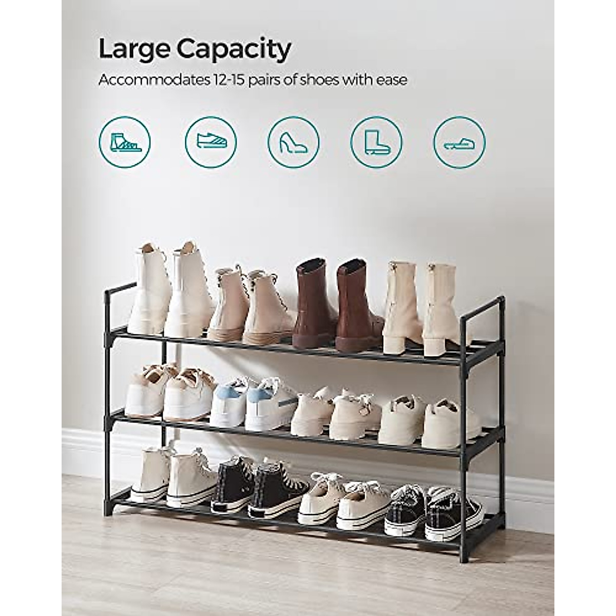 SONGMICS Shoe Rack, 3-Tier Shoe Storage Organizer, Metal Shoe Shelf, 12 to 15 Pairs Shoes, Stackable Shoe Tower for Living Room, Entryway, Hallway, Closet, Black ULSA13BK