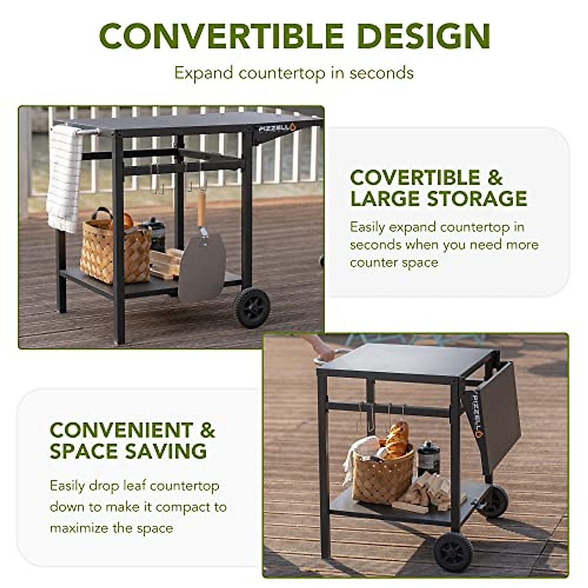 PIZZELLO Outdoor Grill Dining Cart Movable Pizza Oven Trolley BBQ Stand Double -Shelf Outdoor Worktable with 2 Wheels and 4 Hooks