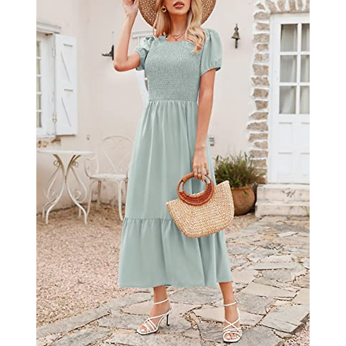 Annebouti 2023 Women's Summer Puff Short Sleeve Dress Modest Flowy A Line Ruffle Tiered Long Casual Smocked Maxi Dress with Pockets Solid Light Green S