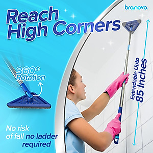 Branova 85" Extendable Wall Cleaner Mop - 360° Rotatable Ceiling Cleaner, Baseboard Cleaner Tool with Handle, Wall Mop with 6 Reusable Mop Pads & Mop Holder - Triangle Mop for Walls and Floors