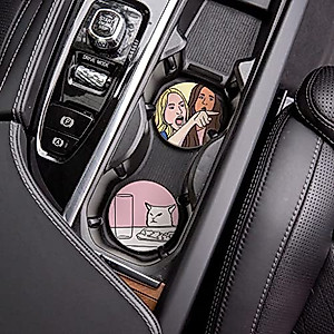 2 Car Coasters, 2.65" Absorbent Ceramic, Coaster Set, Keep Car Clean, Easy Removal Divot Notch, Artist Designed, Auto Accessory, Great Gift (Cat Meme Coaster)