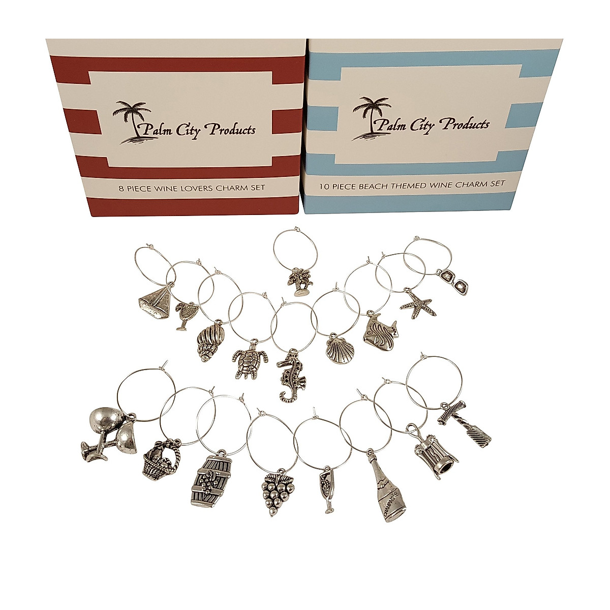 Palm City Products Bundle of Two Wine Charm Sets - 18 Pieces Total, Beach and Wine Themes