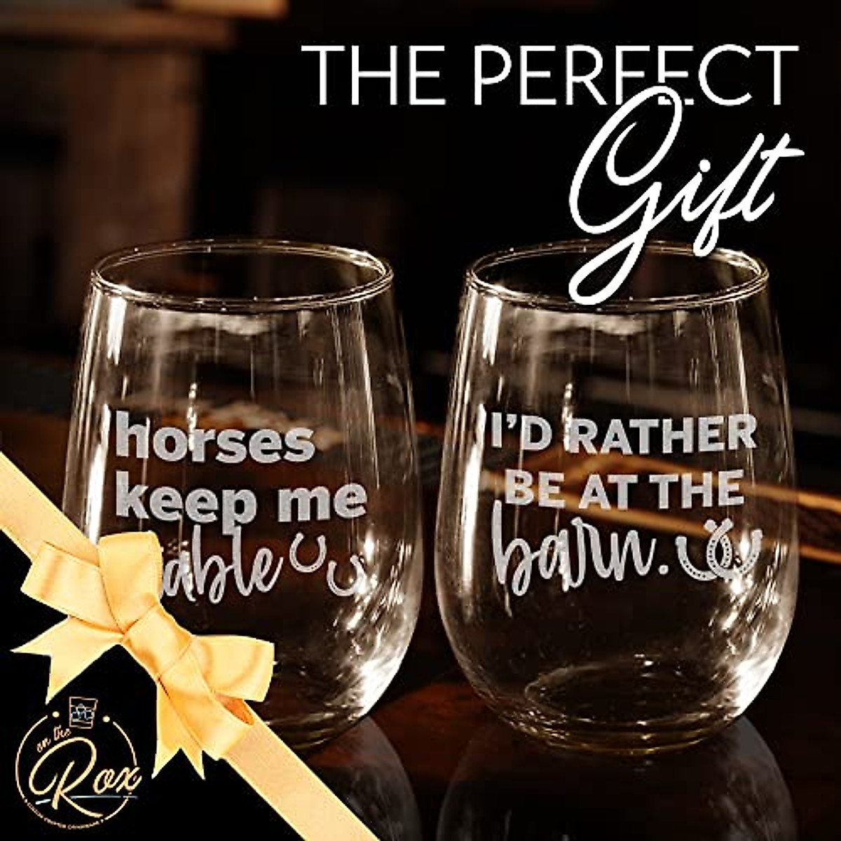 Horse Gifts for Horse Lovers - “Horses Keep Me Stable” “I’d Rather Be At The Barn” 17Oz 2PC Stemless Wine Glass Set - Funny Horse Gifts For Women - Horse Cup/Tumbler for Horse Lovers