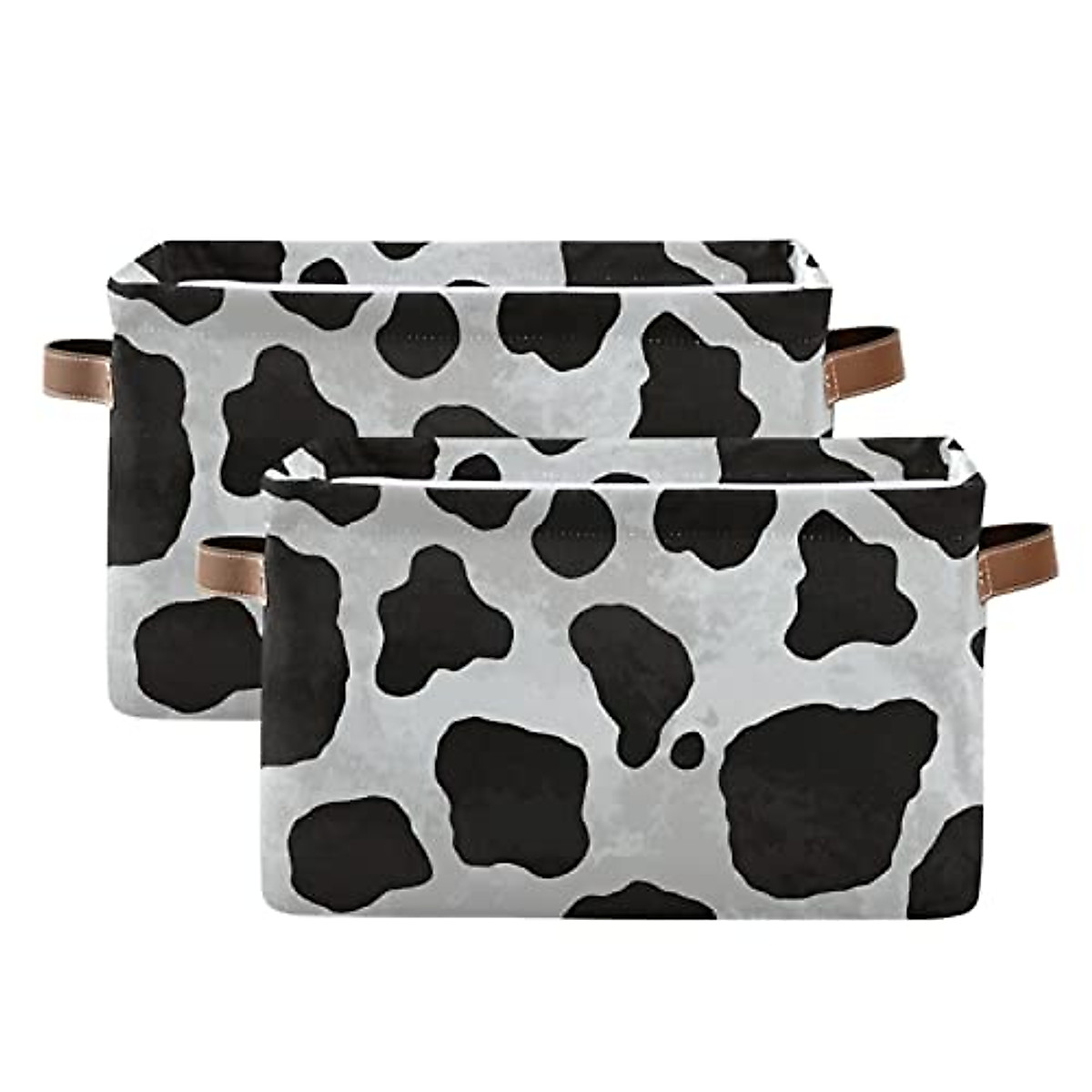 Foldable Storage Basket Cow Pattern Fabric Collapsible Organizer Basket with PU Handles, Decorative Baskets for Shelves Home Closet Bedroom Living Room - 1 Pack