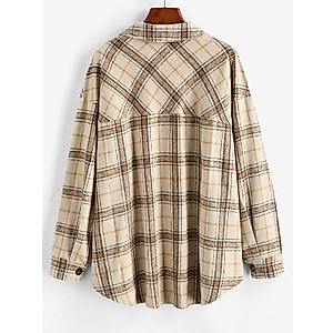 ZAFUL Women's Plaid Long Sleeve Shirt Button Down Wool Blend Thin Jacket Casual Blouse Tops with Pocket