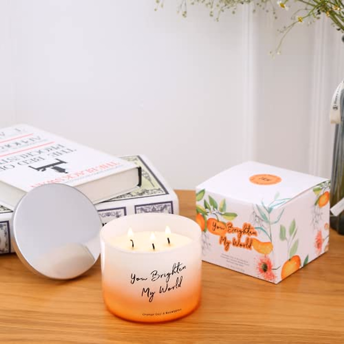 Orange Goji Eucalyptus Scented Candle 3 Wick | Aromatherapy Stress Relief Eucalyptus Energy Candle | Highly Scented Soy Candles Clean Burn 15.8 oz | You Brighten My World Candle Gifts for Men & Women