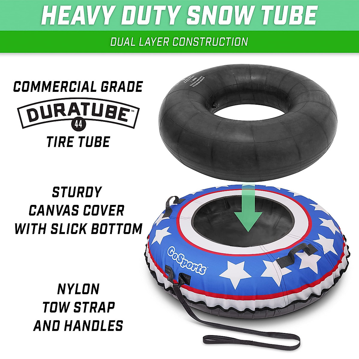 GoSports 44 in Heavy-Duty Winter Snow Tube with Premium Canvas Cover - Commercial Grade Sled - Choose Your Style