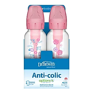 Dr. Brown's Natural Flow Anti-Colic Options+ Narrow Baby Bottle, Pink Floral, 8 oz/250 mL, with Level 1 Slow Flow Nipples, 0m+, 4 Pack